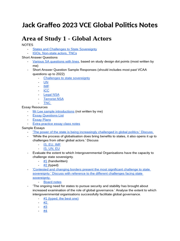 Jack Graffeo 2023 VCE Global Politics Notes | PDF | International Law ...