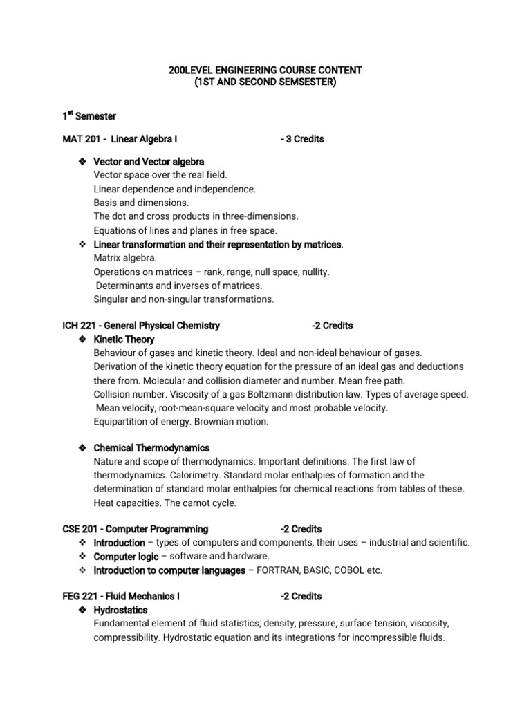 200level Engineering Course Outline | PDF | Physical Chemistry