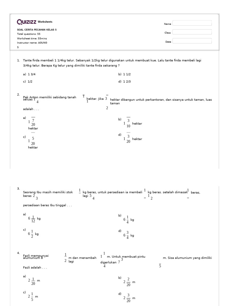 SOAL CERITA PECAHAN KELAS 5 - Quizizz | PDF
