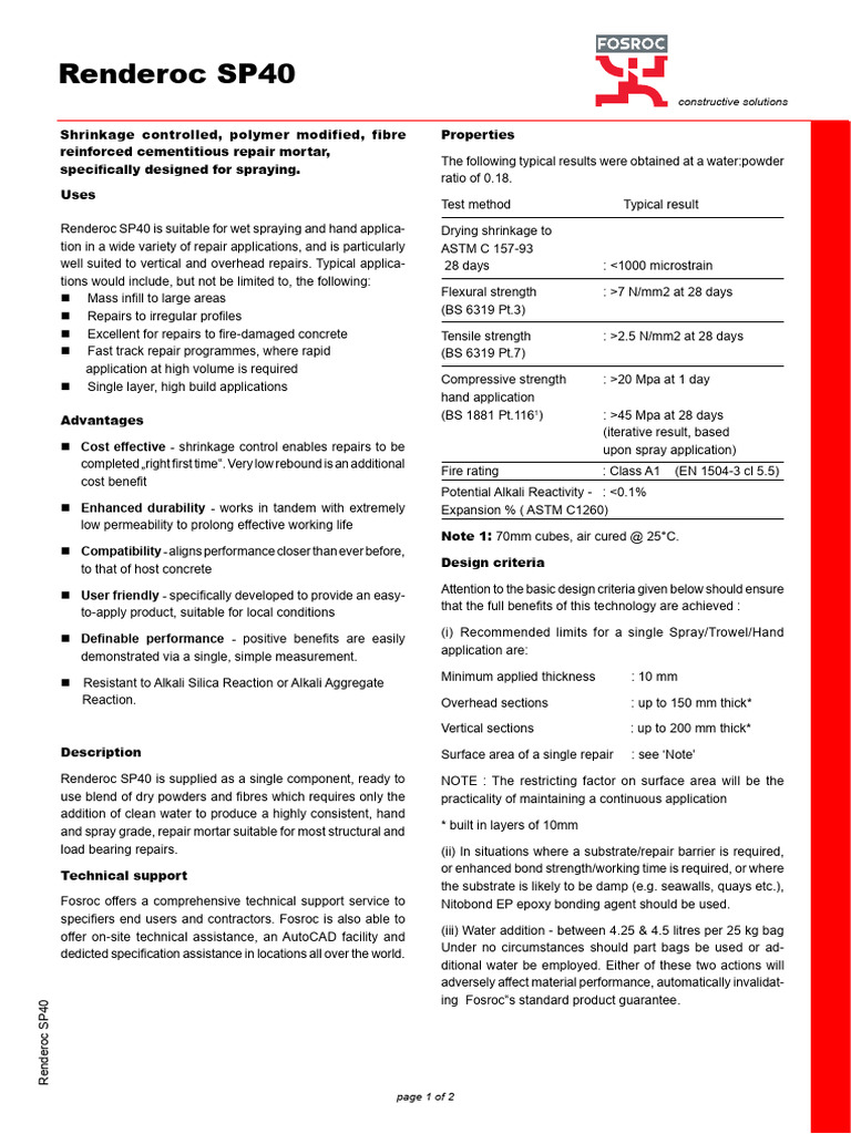 TDS Renderoc SP40 India4 | PDF | Concrete | Physical Sciences