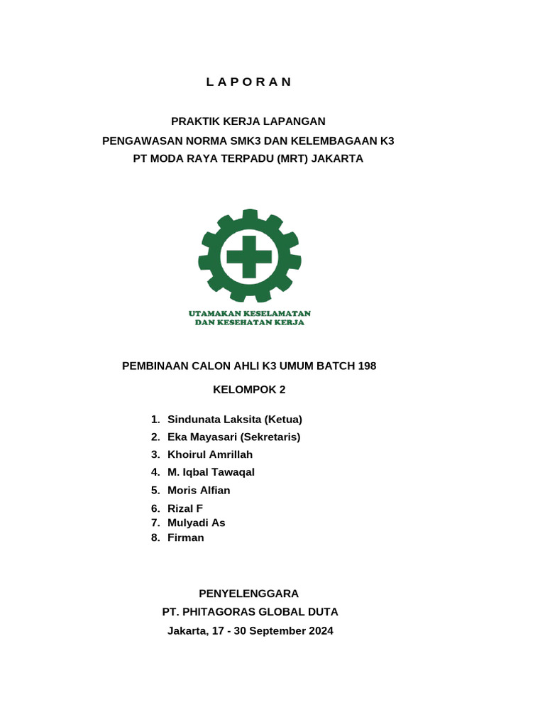 Kelompok 1 - Laporan PKL PT MRT (AK3U Batch 195) | PDF