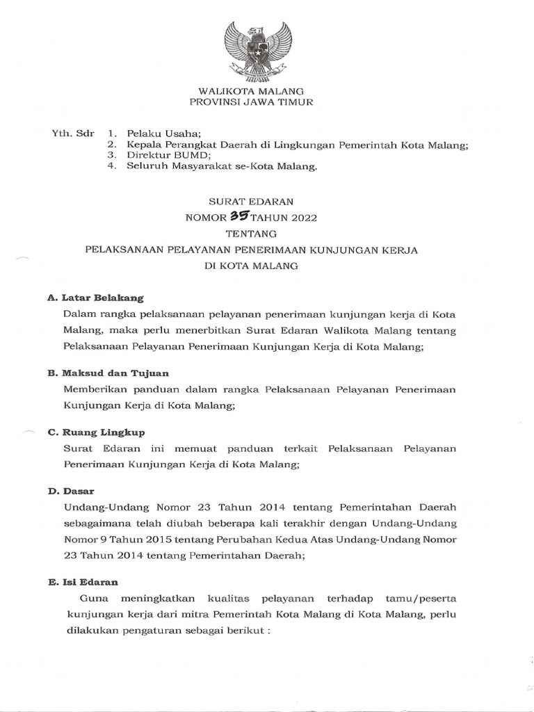 SE Nomor 35 Tahun 2022 TTG Pelaksanaan Pelayanan Penerimaan Kunjungan Kerja Di Kota Malang | PDF