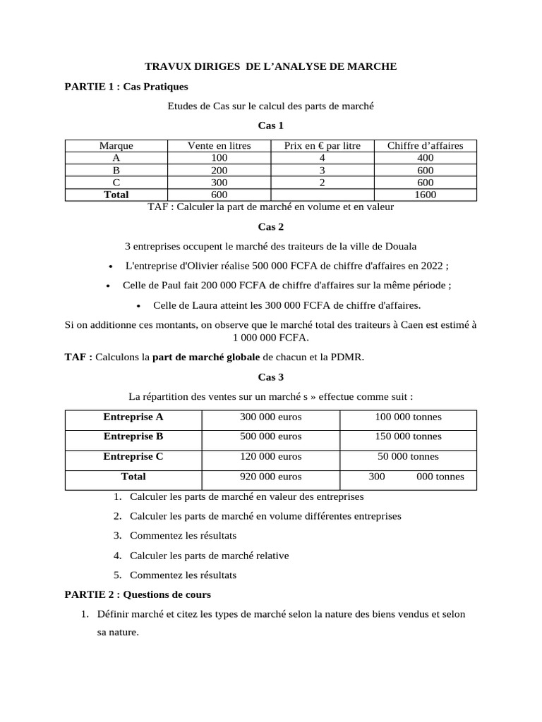 Fiche de TD Chap 2, Analyse Du Marché | PDF | Commercialisation ...