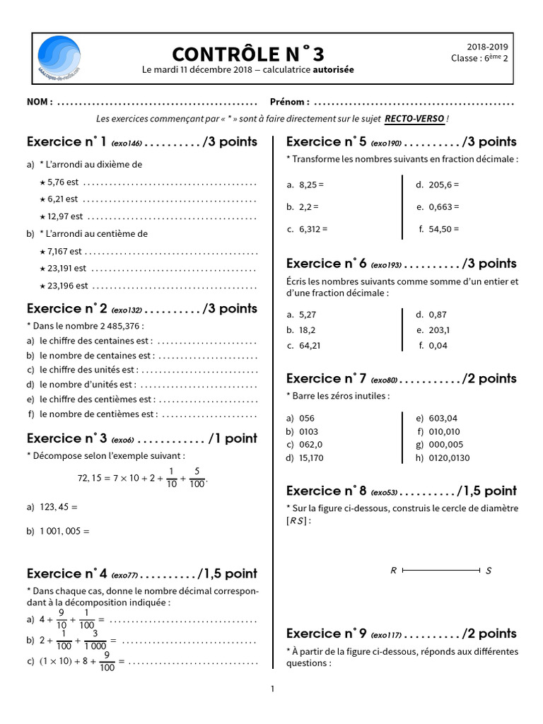 Contrôle de mathématiques 6ème 2 | PDF | Arithmétique | Mathématiques ...