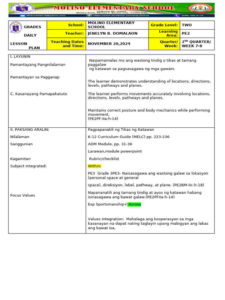 DLP in PE 2 Q2 WEEK 7 8 DAY3 3 | PDF