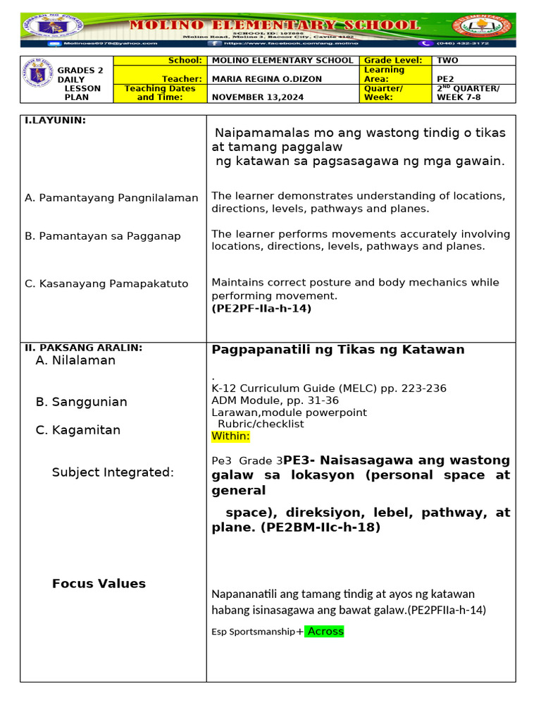 DLP in PE 2 Q2 WEEK 7 8 DAY3 | PDF