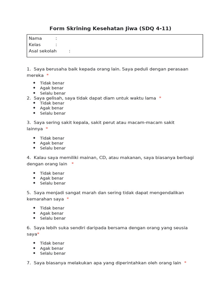 Form Skrining Kesehatan Jiwa SDQ 4-11 | PDF | Pengembangan Diri | Kesehatan Holistik