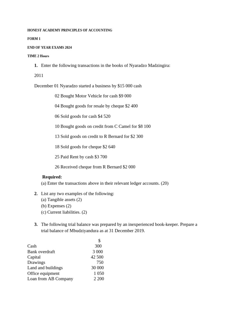Accounting Exam Practice for Form 1 | PDF | Debits And Credits | Money
