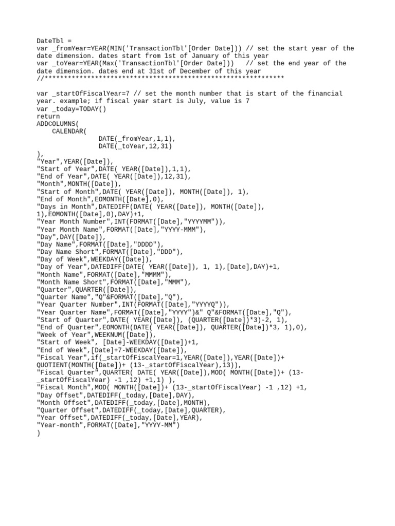 00 - Date Dimension Table DAX Script | PDF | Business | Teaching ...