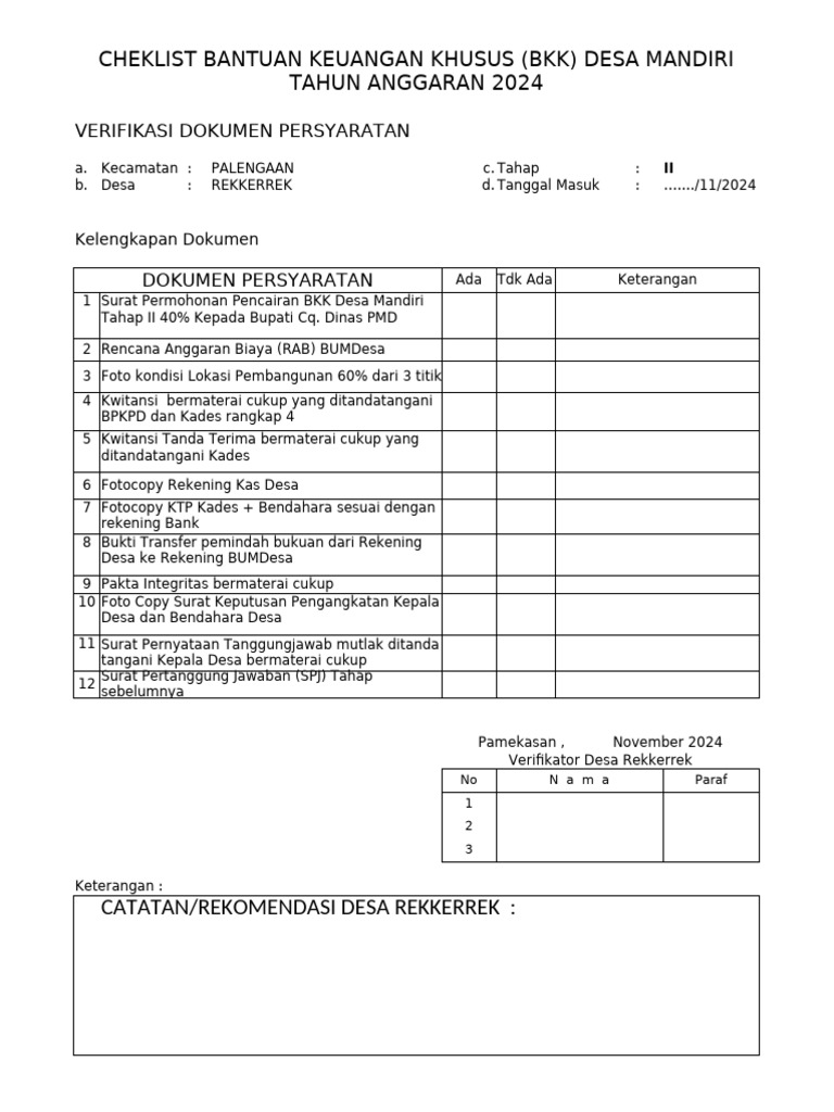 Cheklist BKK Desa Mandiri Tahap II 2024 | PDF
