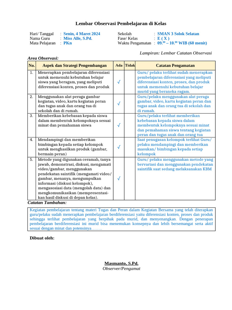 2 - Lembar Observasi Pembelajaran Di Kelas | PDF