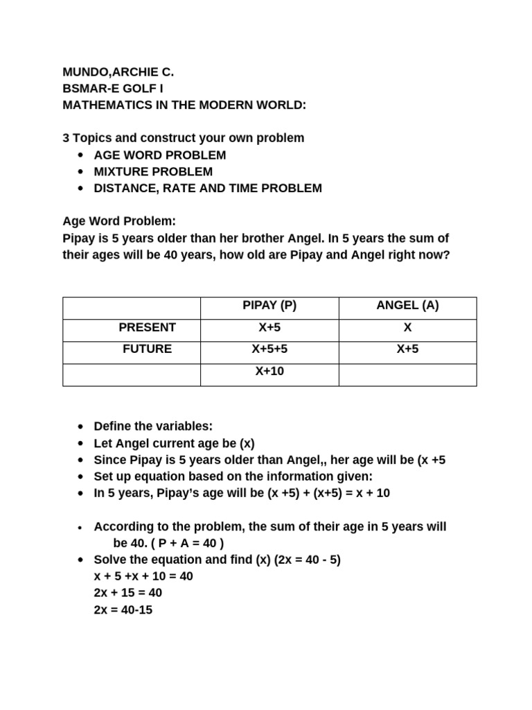 Solving: Age Word Problem, Mixtures Problem, Distance, Rate & Time | PDF | Concentration | Equations