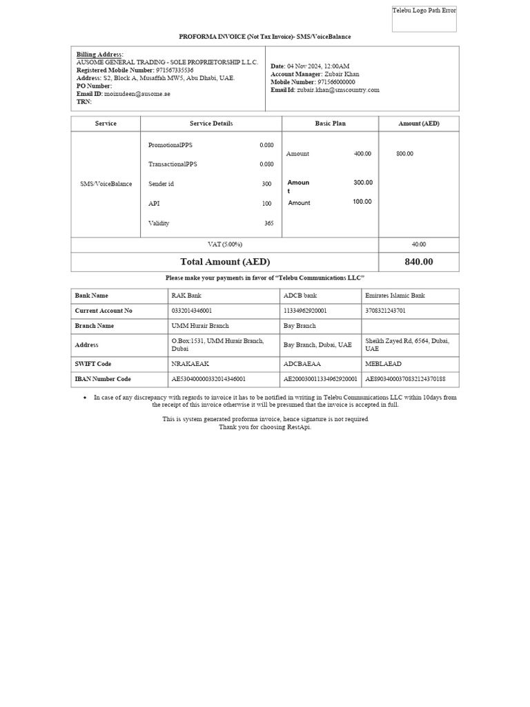 Ausome General TradingLLC - 04th November 2024 - Proforma Invoice - 0023 | PDF | United Arab ...