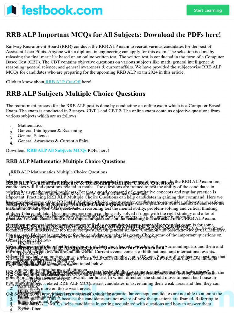 RRB ALP Important MCQs For All Subjects - Download The PDFs Here! | PDF