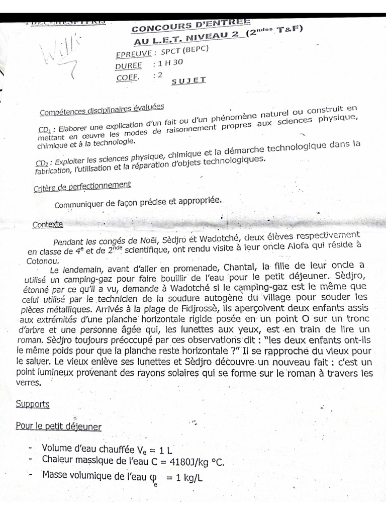 PCT Concours D'entrée Au Lycée 2012 | PDF