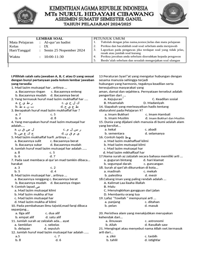 Soal Ulangan Al-Qur'an Hadist Kelas IX | PDF