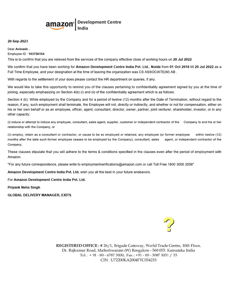 Amazon Experience Letter 103756154 | PDF | Employment | Civil Law ...