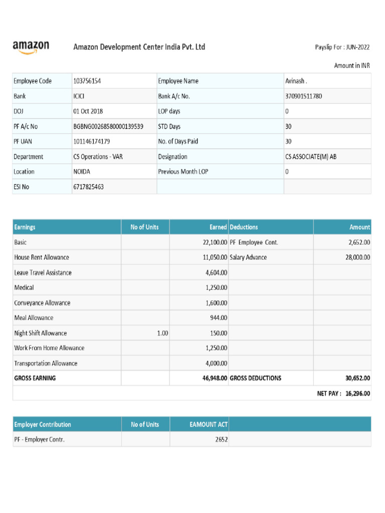 Payslip Amazon June 2022 | PDF