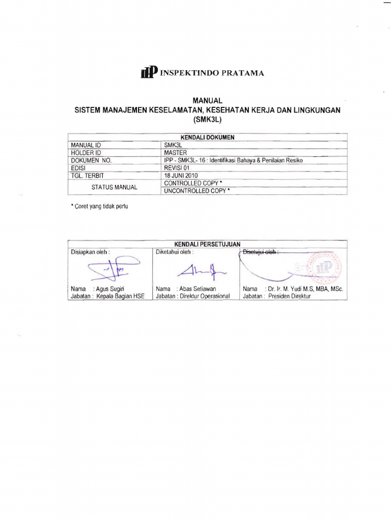 Identifikasi Bahaya & Penilaian Resiko (Ipp-Smk3l-16) | PDF