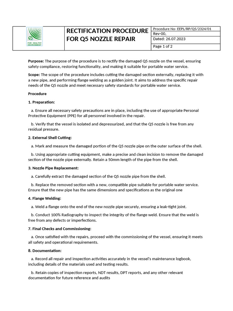 Rectification Procedure | PDF | Pipe (Fluid Conveyance) | Welding