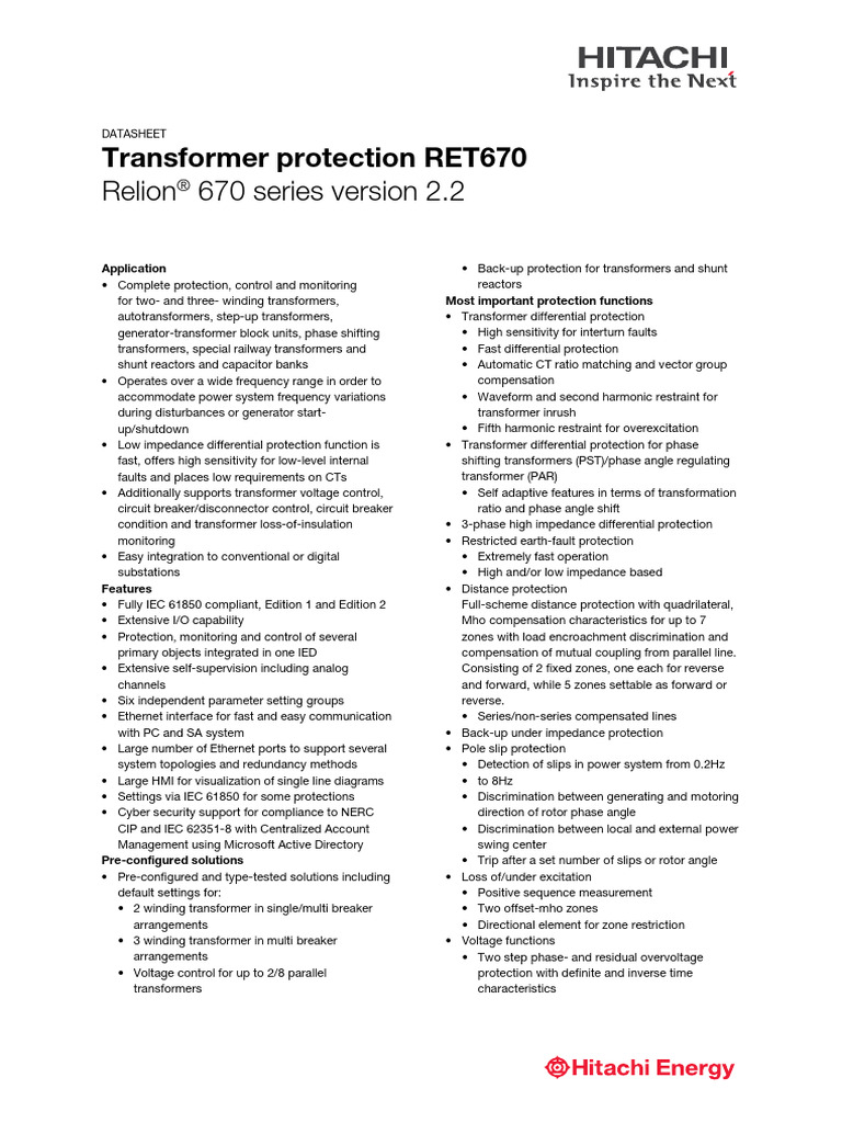 RET670 2.2.5 Technical Summary 4CAE000281 | PDF | Transformer | Capacitor