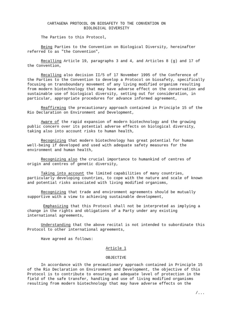 Cartagena Protocol Biosafety Overview | PDF | Treaty