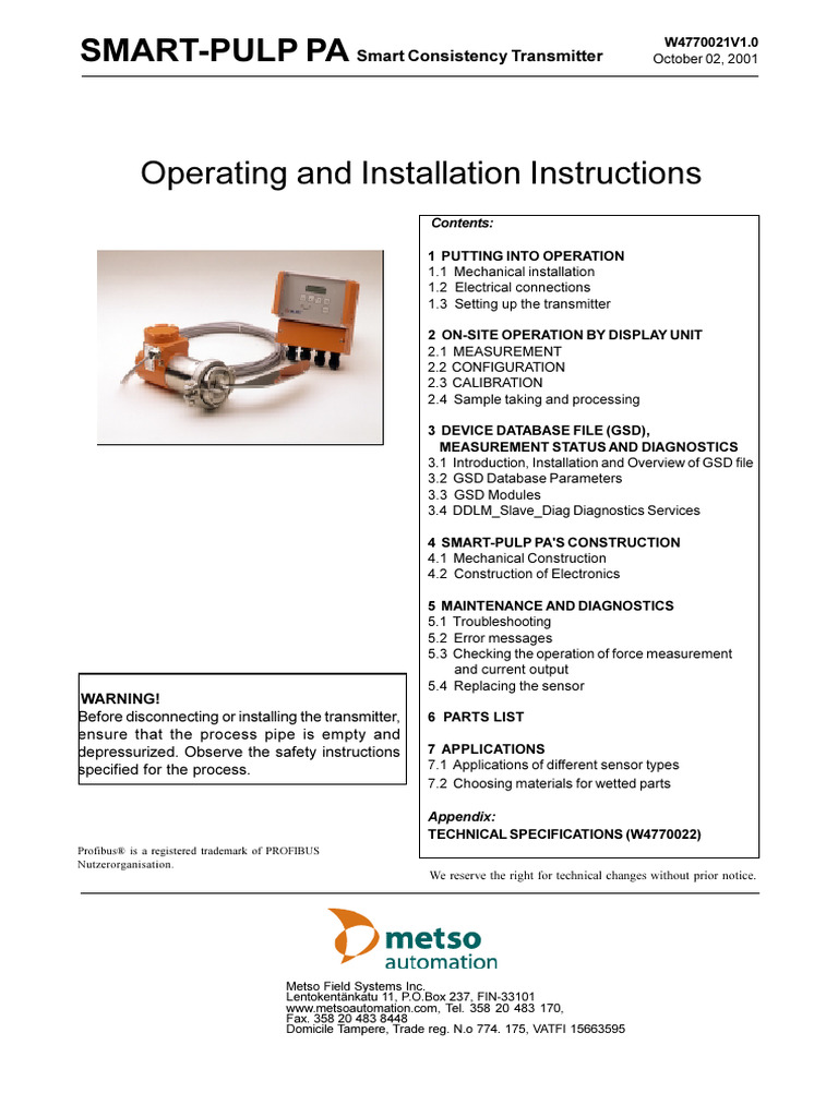 Metso Consistency Transmitter Guide | PDF | Pulp (Paper) | Pipe (Fluid ...