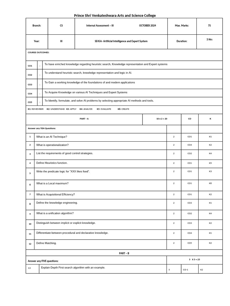 Ai-3ia-Qp-Set 1 | PDF | Artificial Intelligence | Intelligence (AI) & Semantics