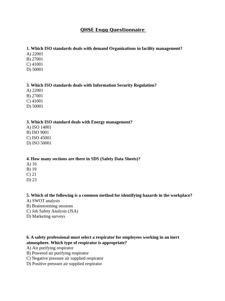 QHSE Engineering Questionnaire Guide | PDF | Workplace | Safety