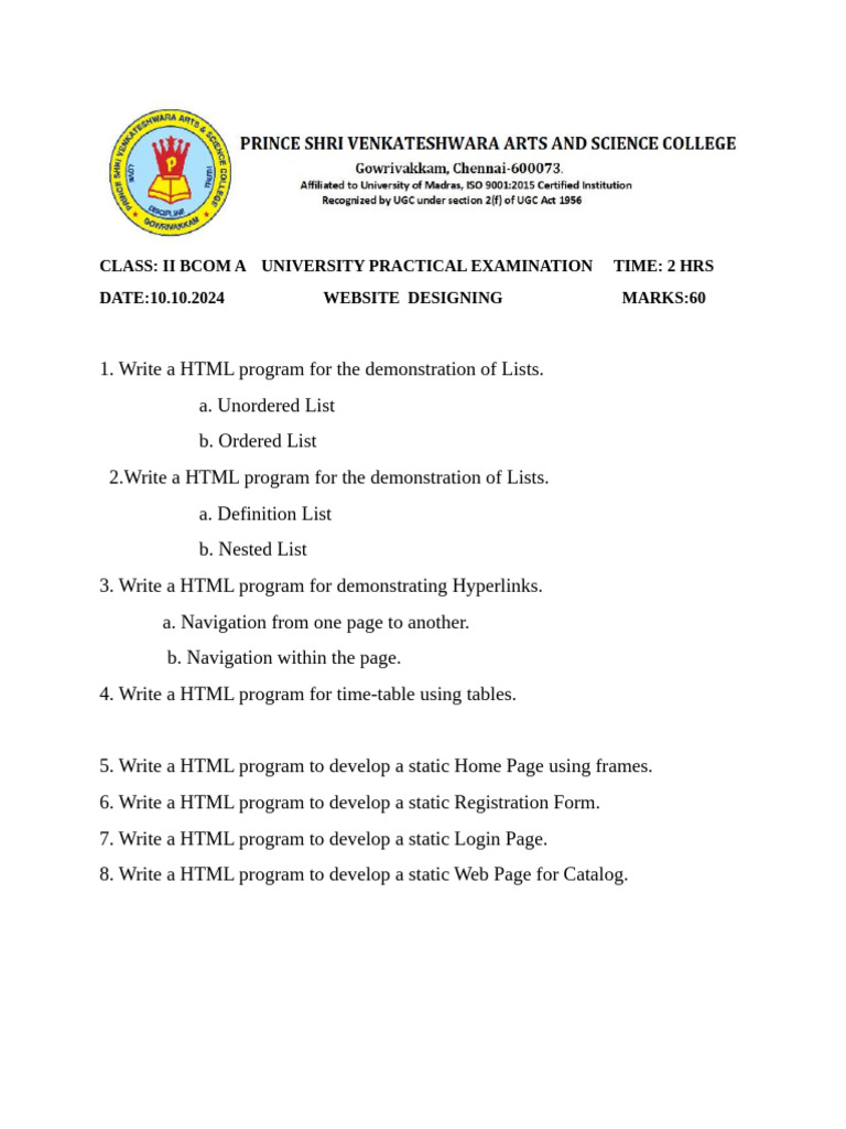 Practical HTML Web Design Exam Guide | PDF