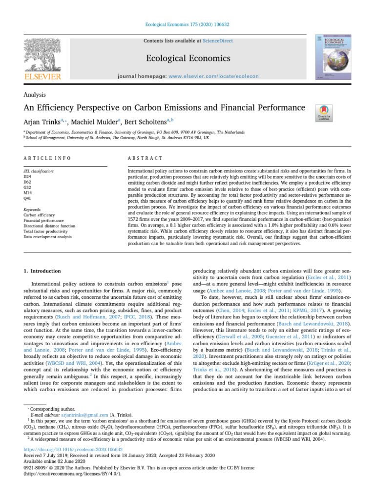 An Efficiency Perspective On Carbon Emissions and Financial Performance ...