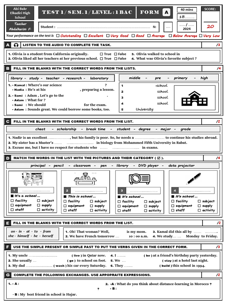 1bac. Test1. S1.24. A & B | PDF