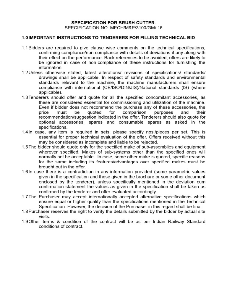 Spec of Brush Cutter 9999 | PDF | Specification (Technical Standard)