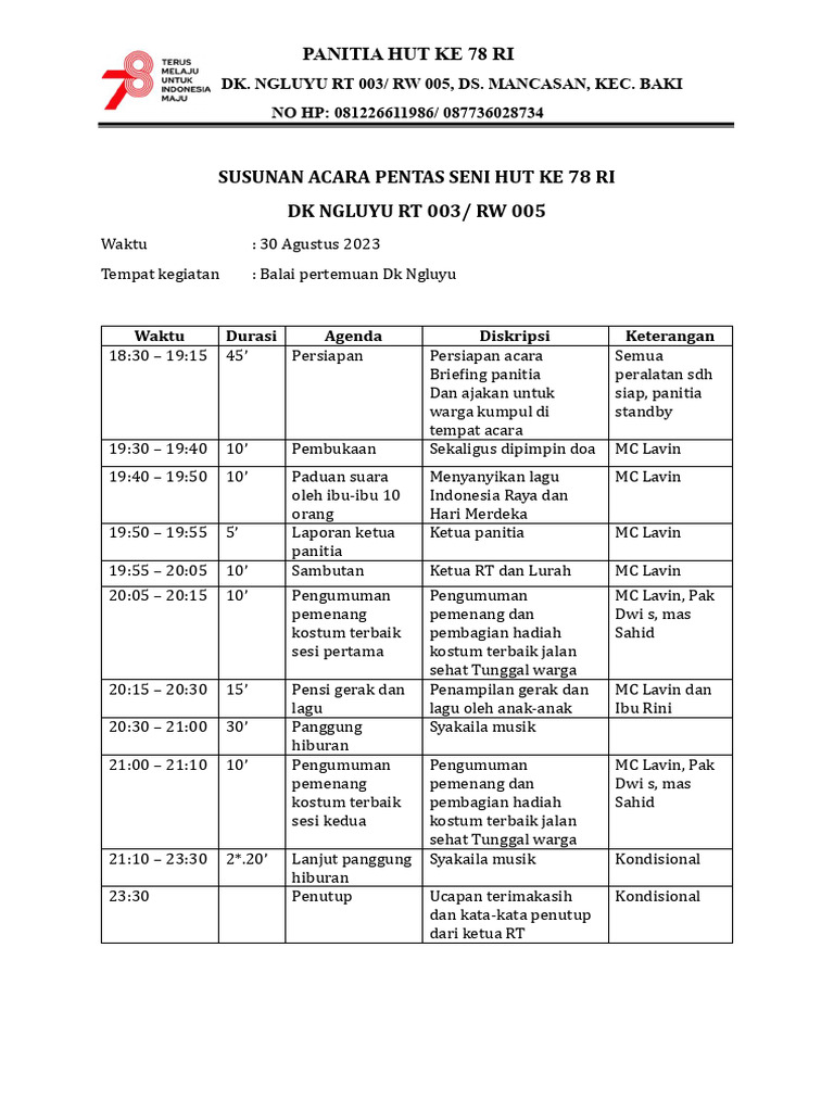 SUSUNAN ACARA HUT KE 78 RI | PDF