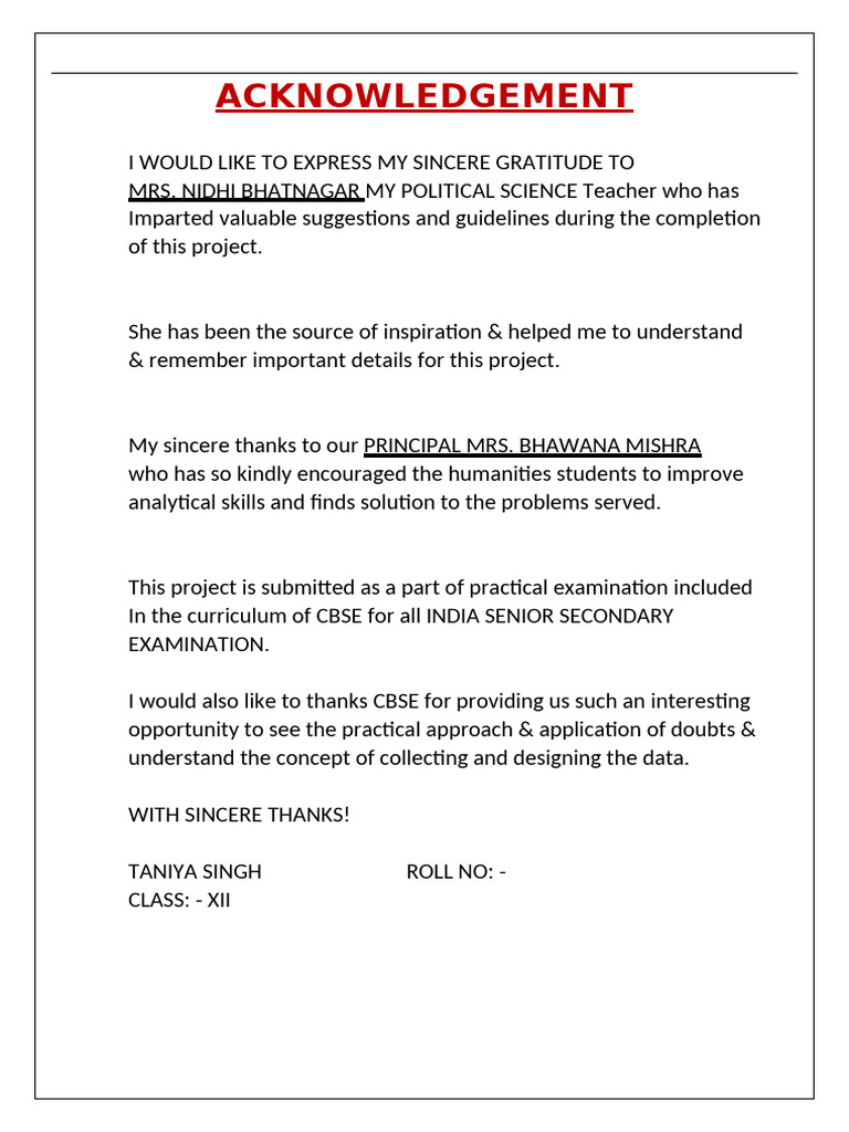 Acknowledgement for Political Science Project | PDF
