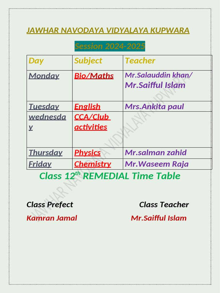 Remedial Time Table | PDF