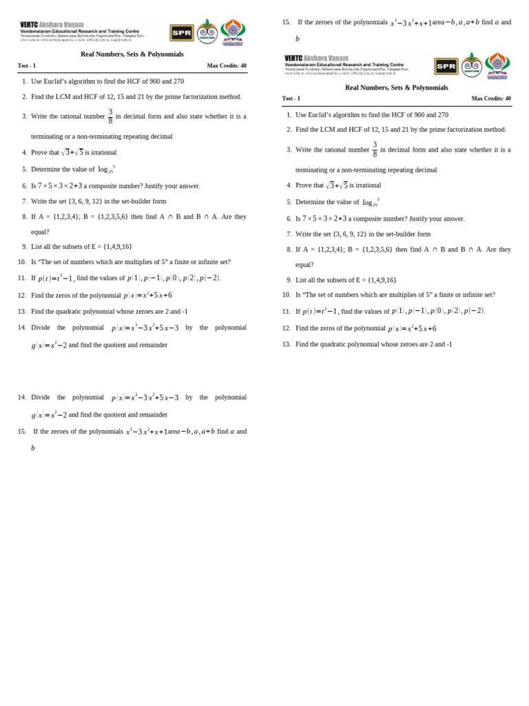 Test-1 Real Numbers, Sets and Polynomials | PDF | Numbers | Polynomial