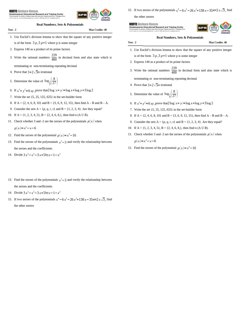 Test-2 Real Numbers,Sets and Polynomials | PDF | Numbers | Zero Of A ...