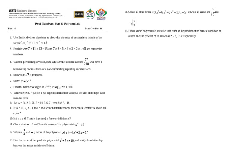 Test-4 Real Numbers, Sets and Polynomials | PDF | Numbers | Polynomial