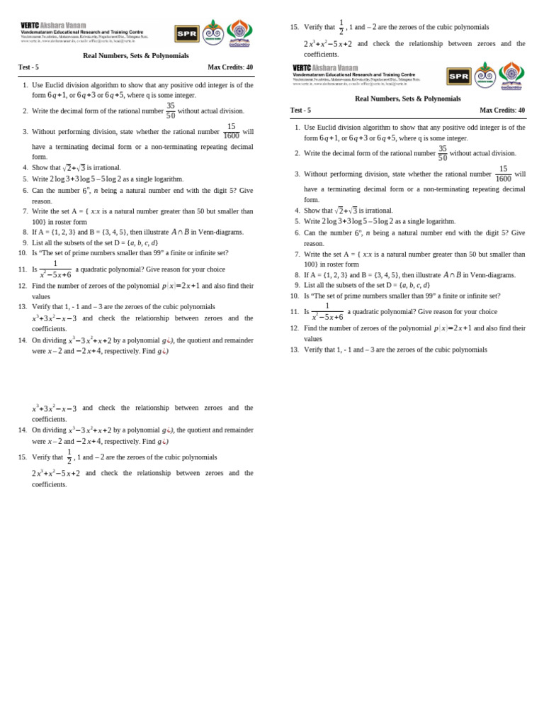 Real Numbers, Sets & Polynomials Test | PDF | Numbers | Polynomial