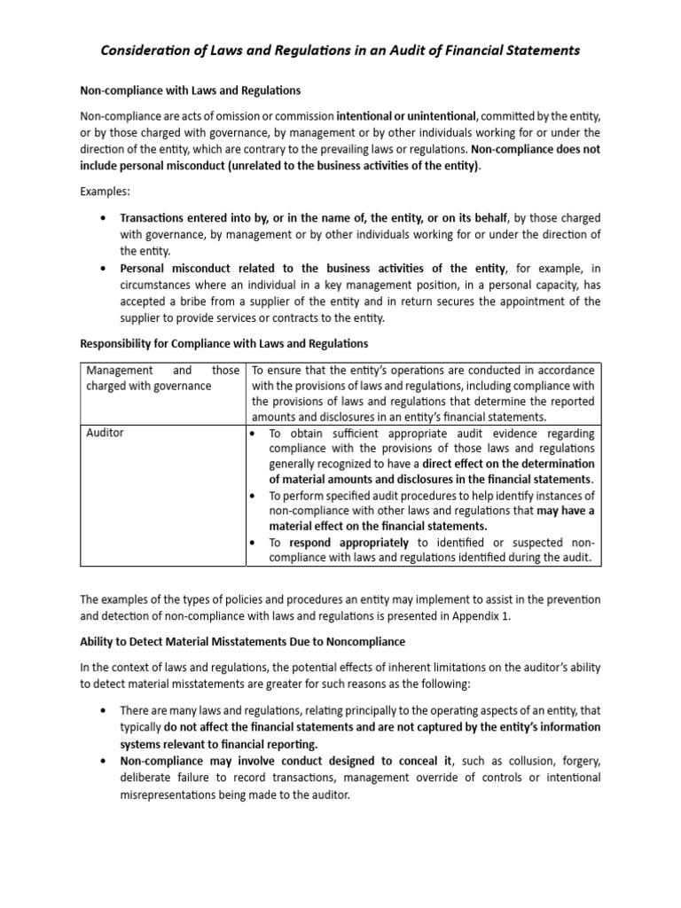 Consideration of Laws and Regulations in An Audit of Financial ...