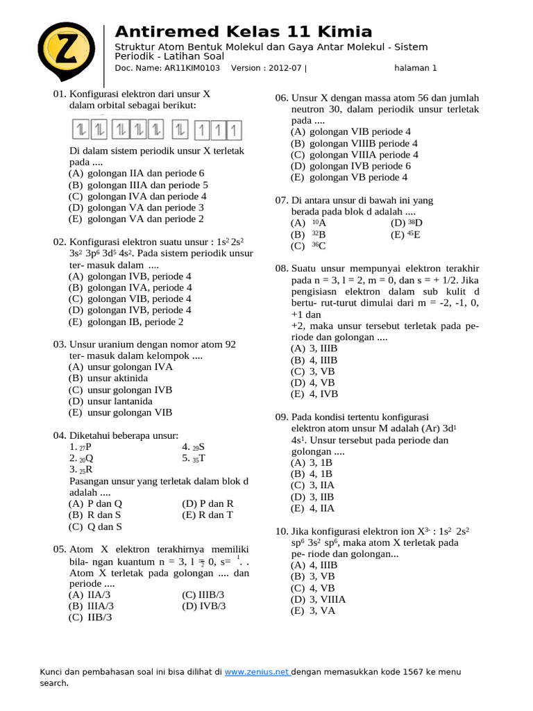 Soal Spu Konfigurasi Elektron, Bilkuantum, Struktur Atom Kelas Xi k13 Zenius | PDF