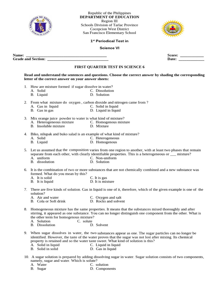 Science VI 1st Periodical Test Guide | PDF | Mixture | Solubility