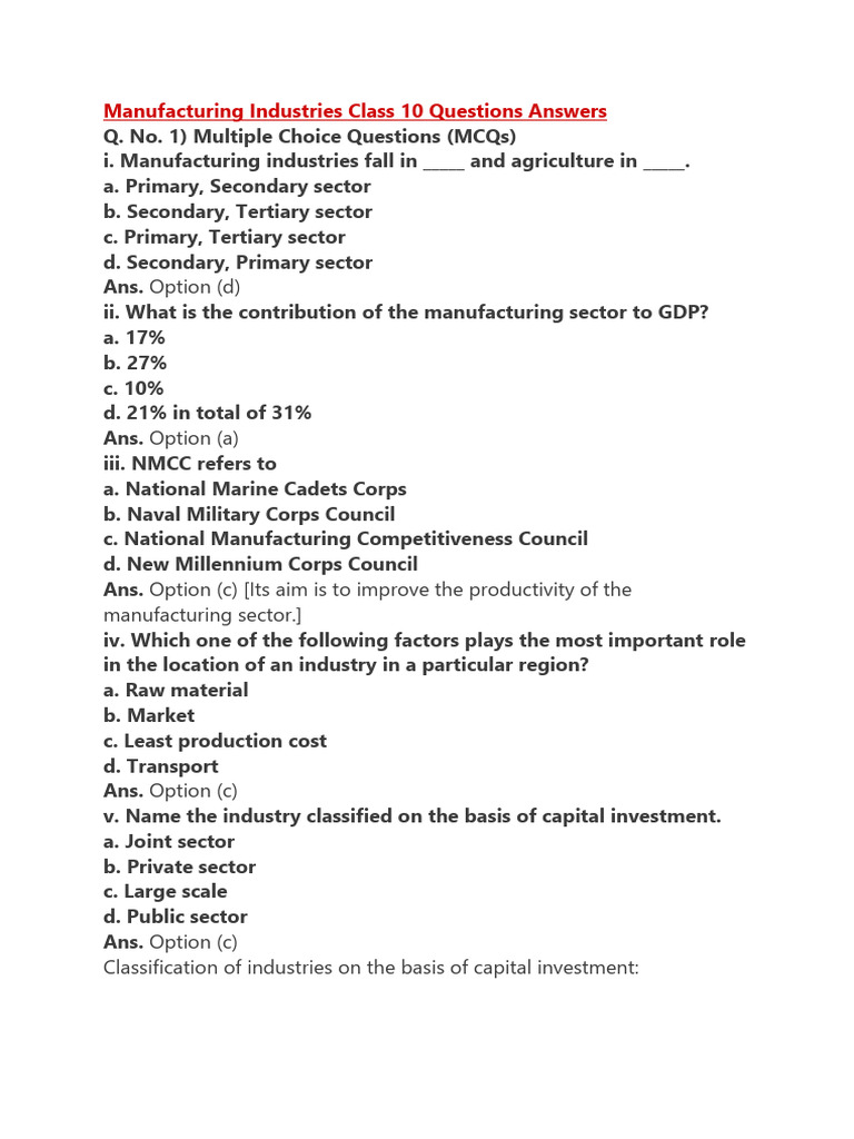 Class 10 Manufacturing Industries Q&A | PDF | Pollution | Agriculture
