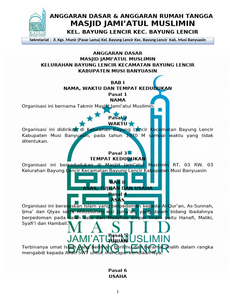 AD ART Masjid Jami'atul Muslimin Hasil Kesepakatan Musyawarah 31 Oktober 2024 | PDF | Perjalanan ...