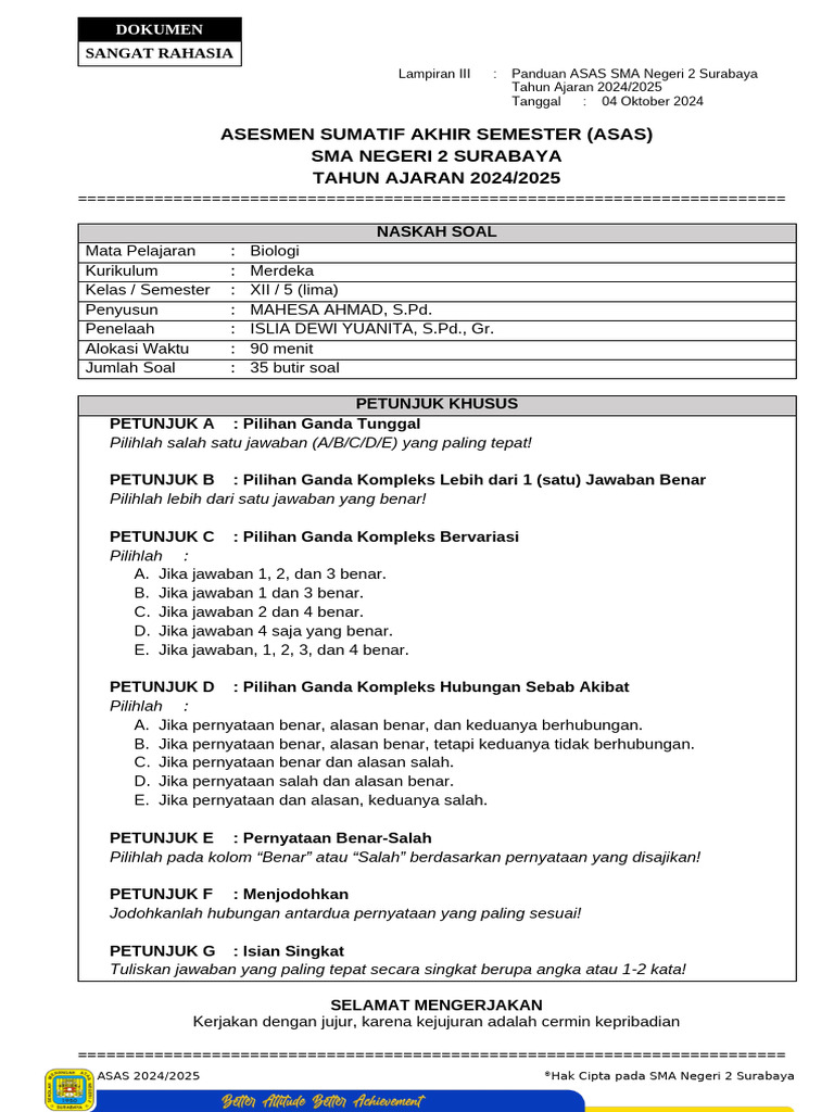 Format Naskah Soal Dan Kunci Jawaban ASAS 2425 | PDF
