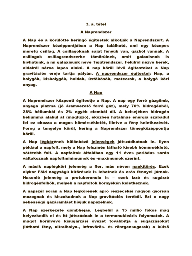 A. Tétel A Naprendszer | PDF
