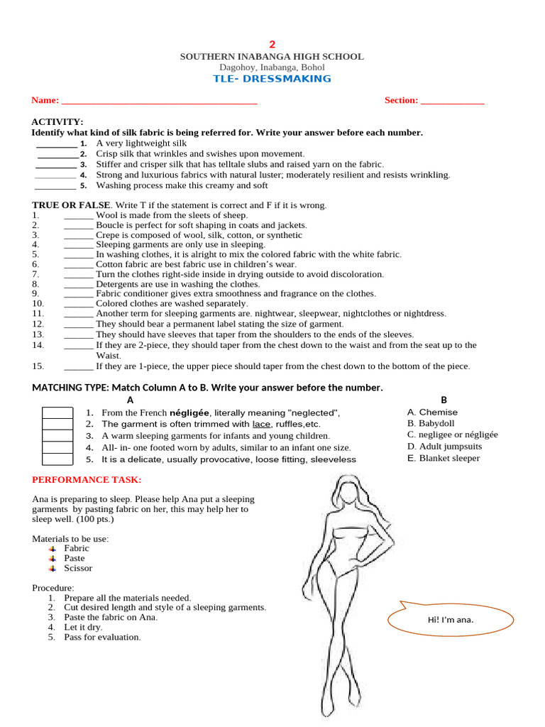 tle 2-answersheet | PDF | Textiles | Clothing