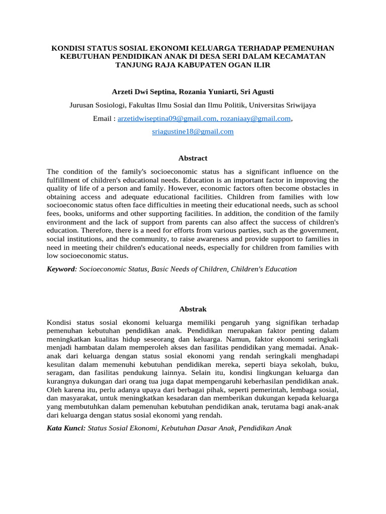 Kondisi Status Sosial Ekonomi Keluarga Terhadap Pemenuhan Kebutuhan ...