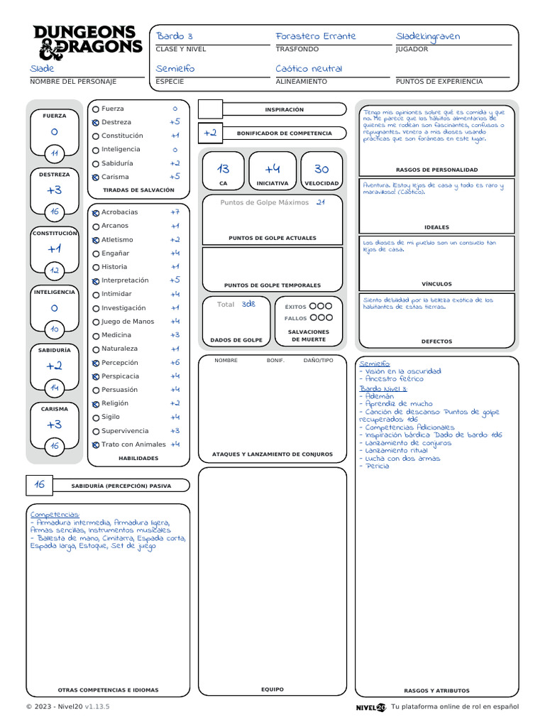 Ficha de Personaje: Slade, Bardo 3 | PDF